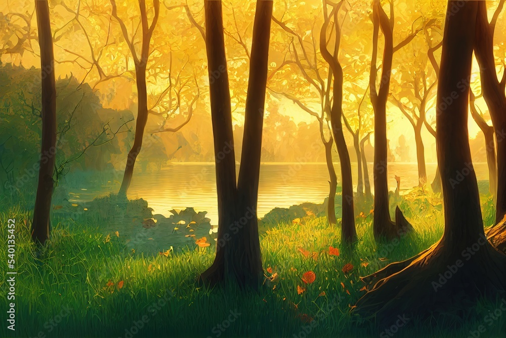 cartoon spring deciduous lakeside forest + detailed tree bark ...