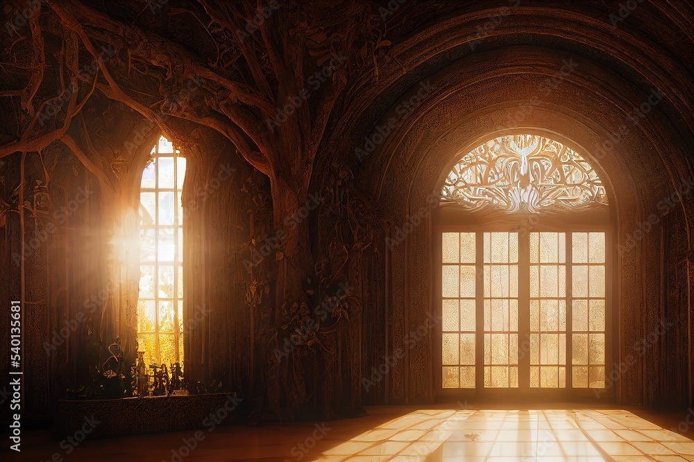 elven castle interior architecture, beautiful giant indoor tree with ...