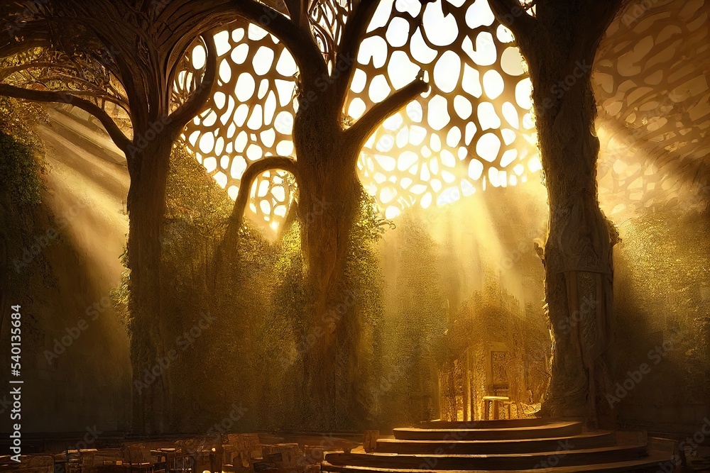 elven castle interior architecture, beautiful giant indoor tree with ...