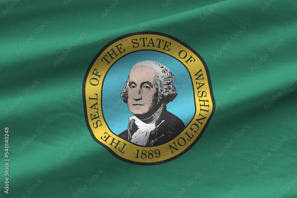 Washington US state flag with big folds waving close up under the ...