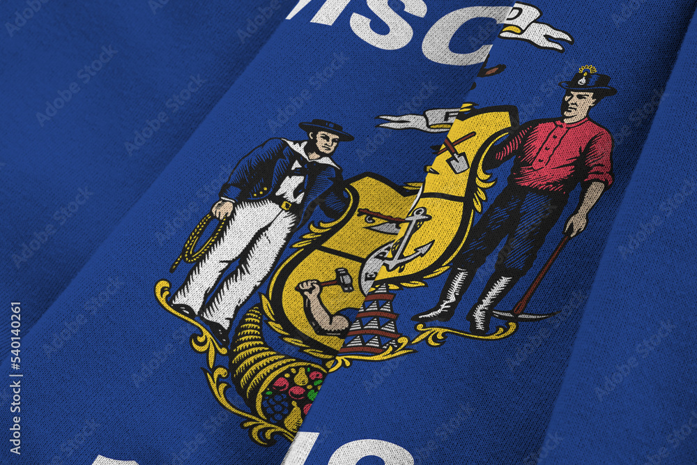 Wisconsin US state flag with big folds waving close up under the studio ...