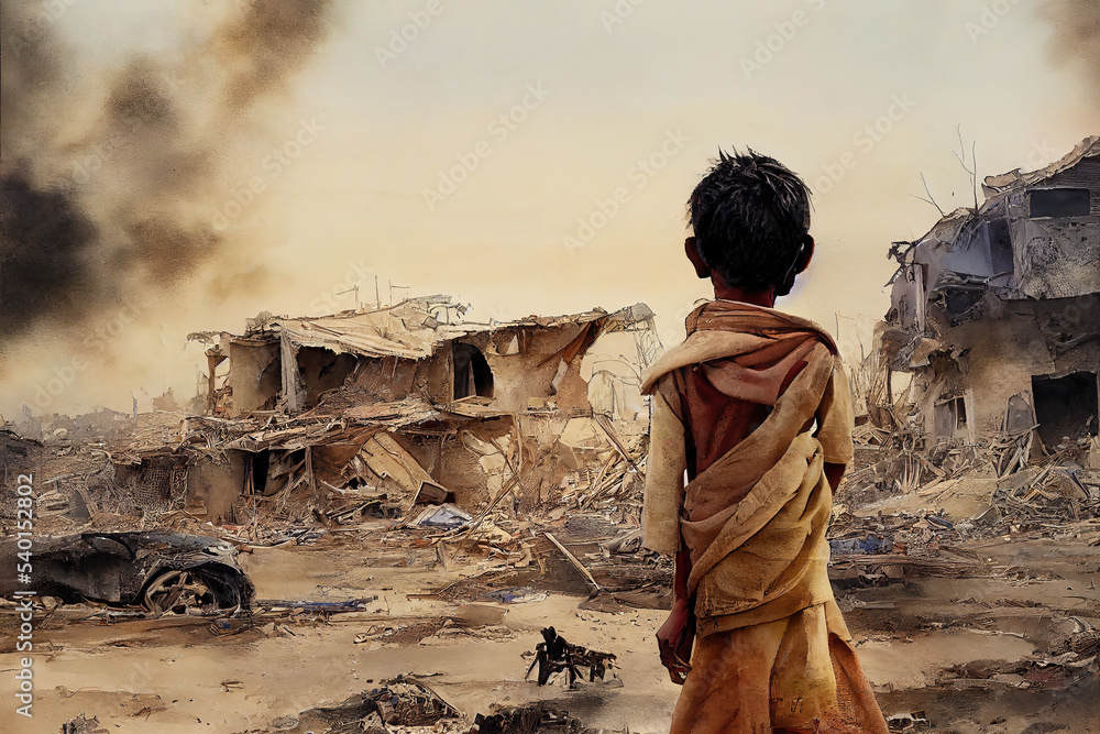 Digital concept art featuring a child overlooking the aftermath of ...