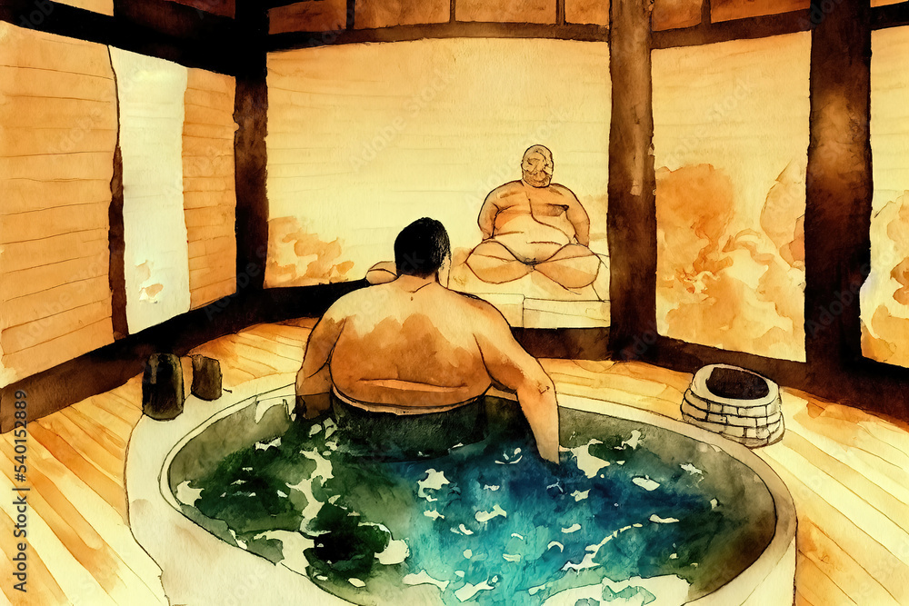 Digital watercolour painting featuring interior of a Japanese sento ...