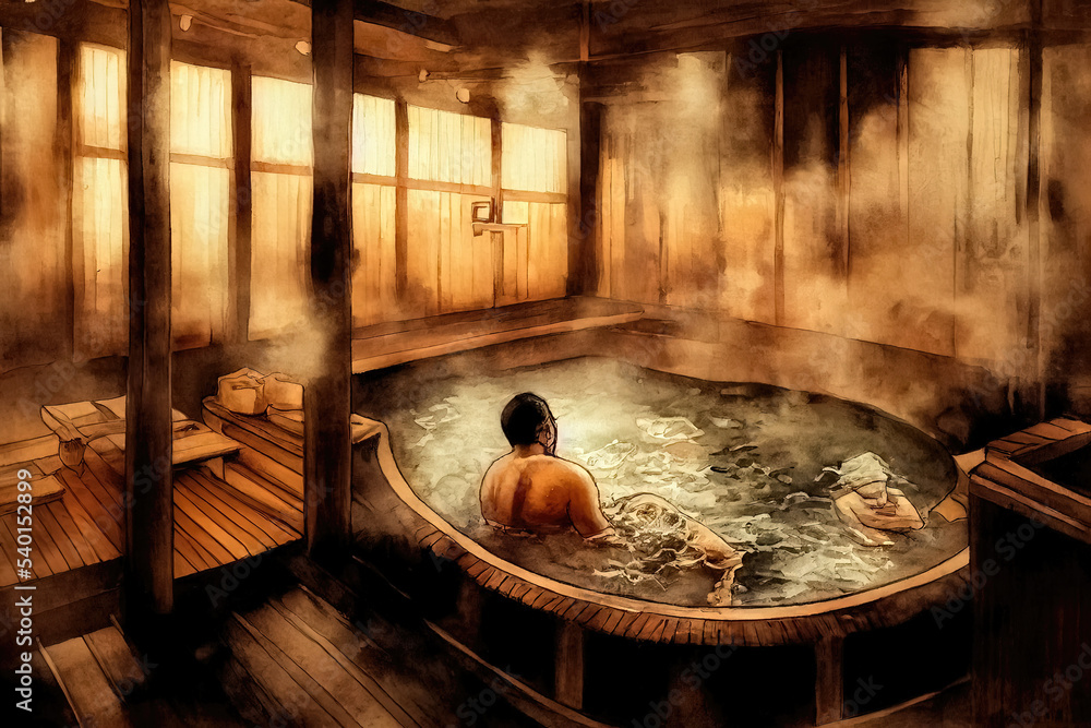 Digital illustration of a man relaxing and pampering in a traditional ...