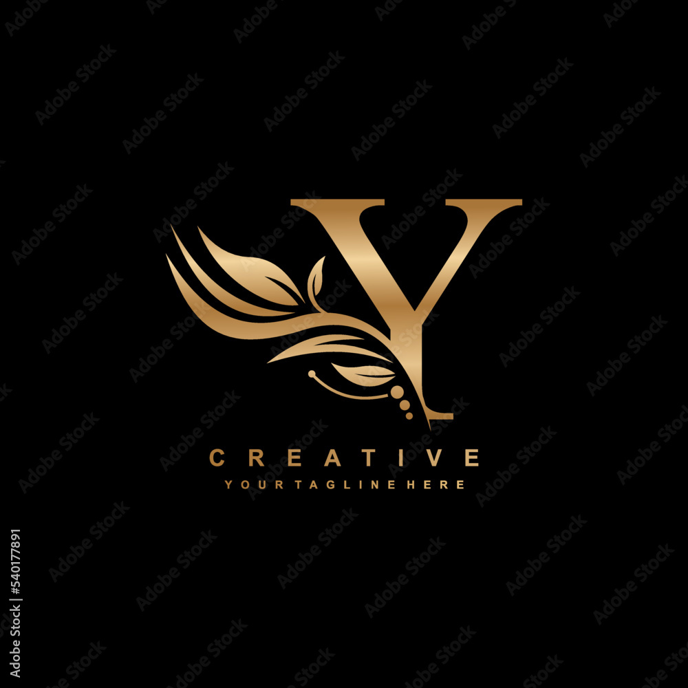 gold letter Y logo design with luxurious and beautiful leaf ornament. Y ...