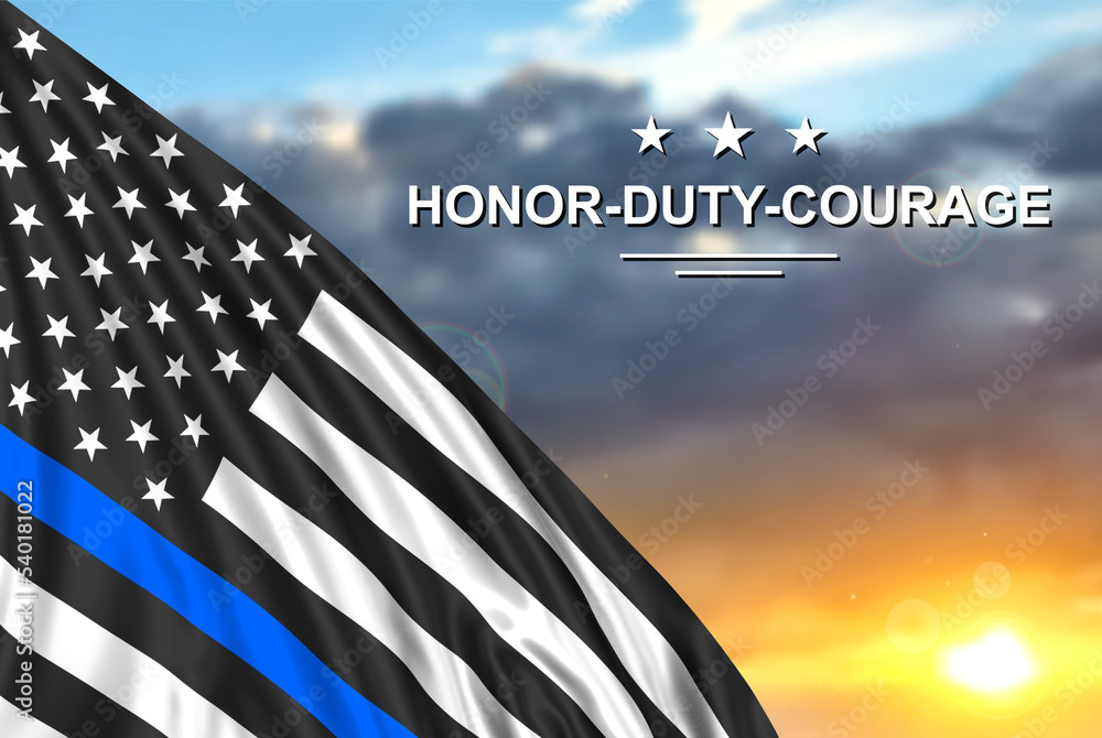 Thin Blue Line. American flag with police blue line on a background of ...
