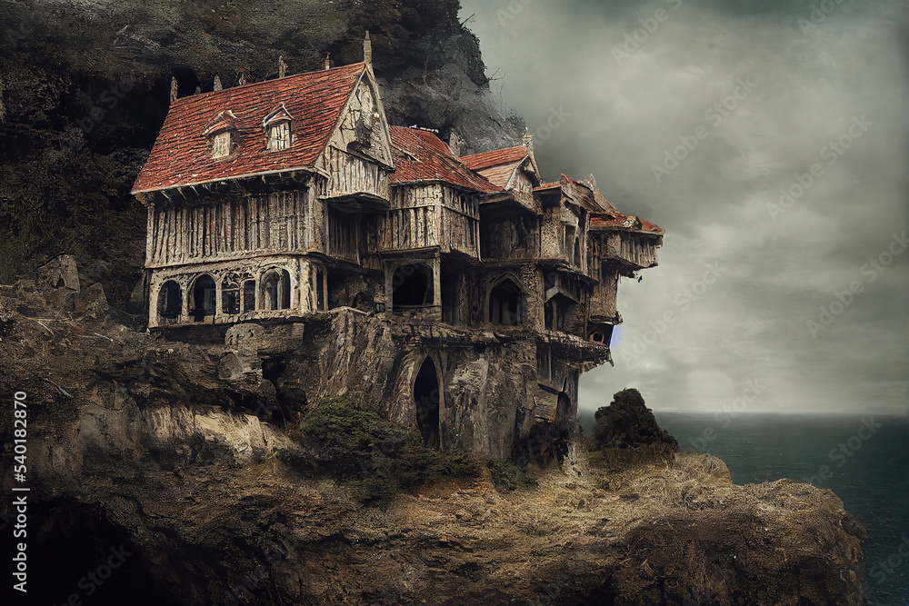 AI generated image of an abandoned ruined haunted mansion on a cliff ...