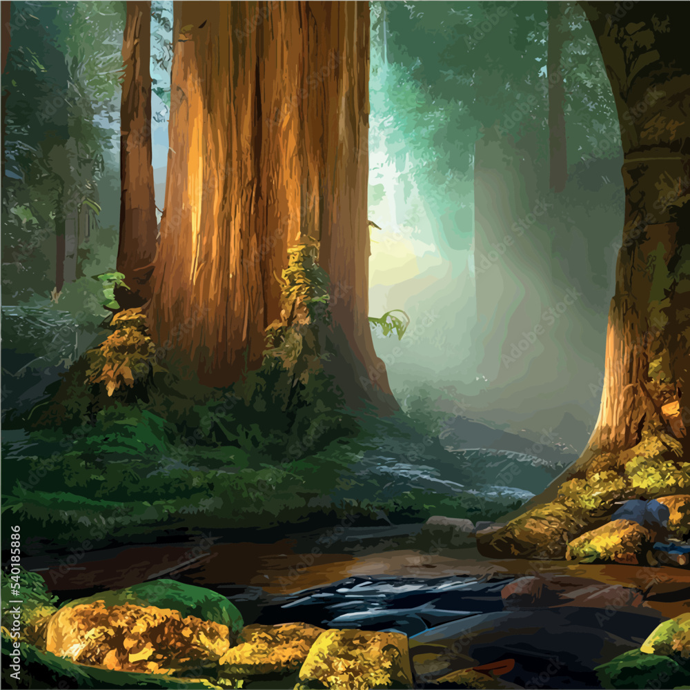 Dark forest cartoon illustration, vector, Moonlight illuminates the ...