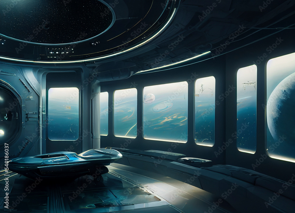 The starship that is near the moon with its very luxurious interior ...