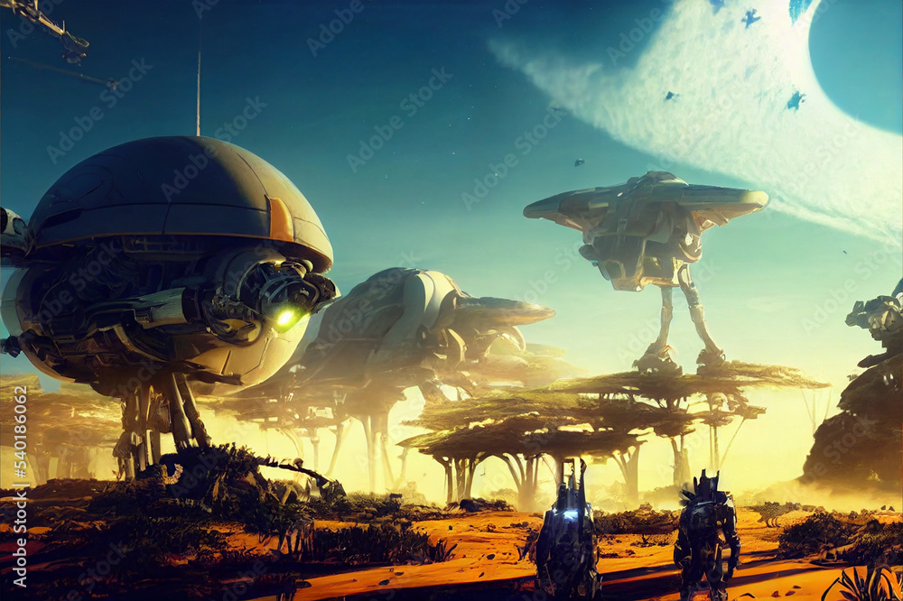 A giant robot in the middle of an advanced city and there are giant ...