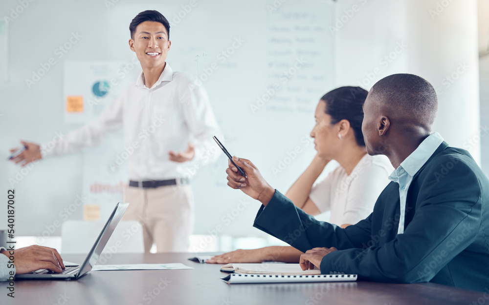 Presentation, leadership and businessman in a meeting planning a ...