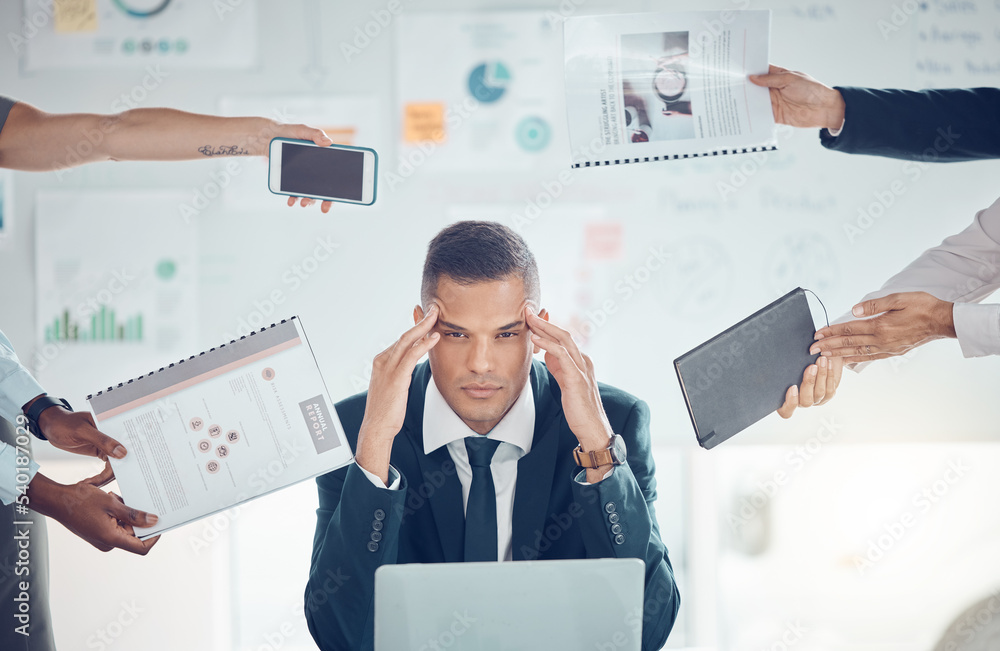 Stress, burnout and overworked with a business man suffering from a ...