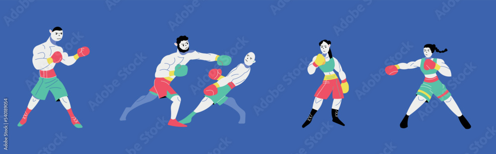 Men and women do boxing. Image of boxers in different poses. Hand drawn ...