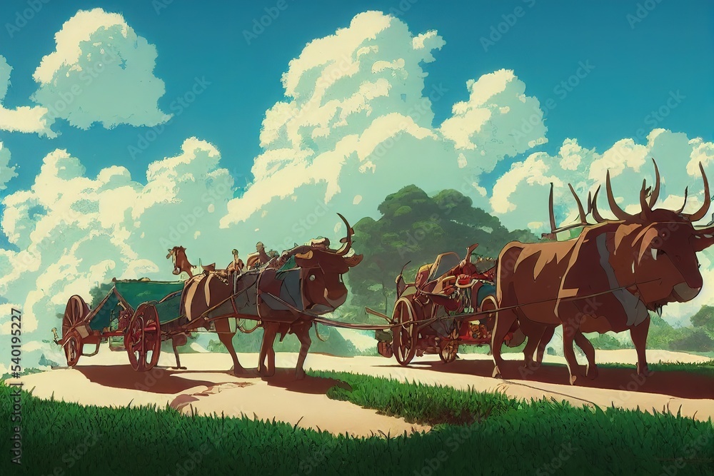 Oxen are driving a cart with provisions, in a fantasy illustration of a ...