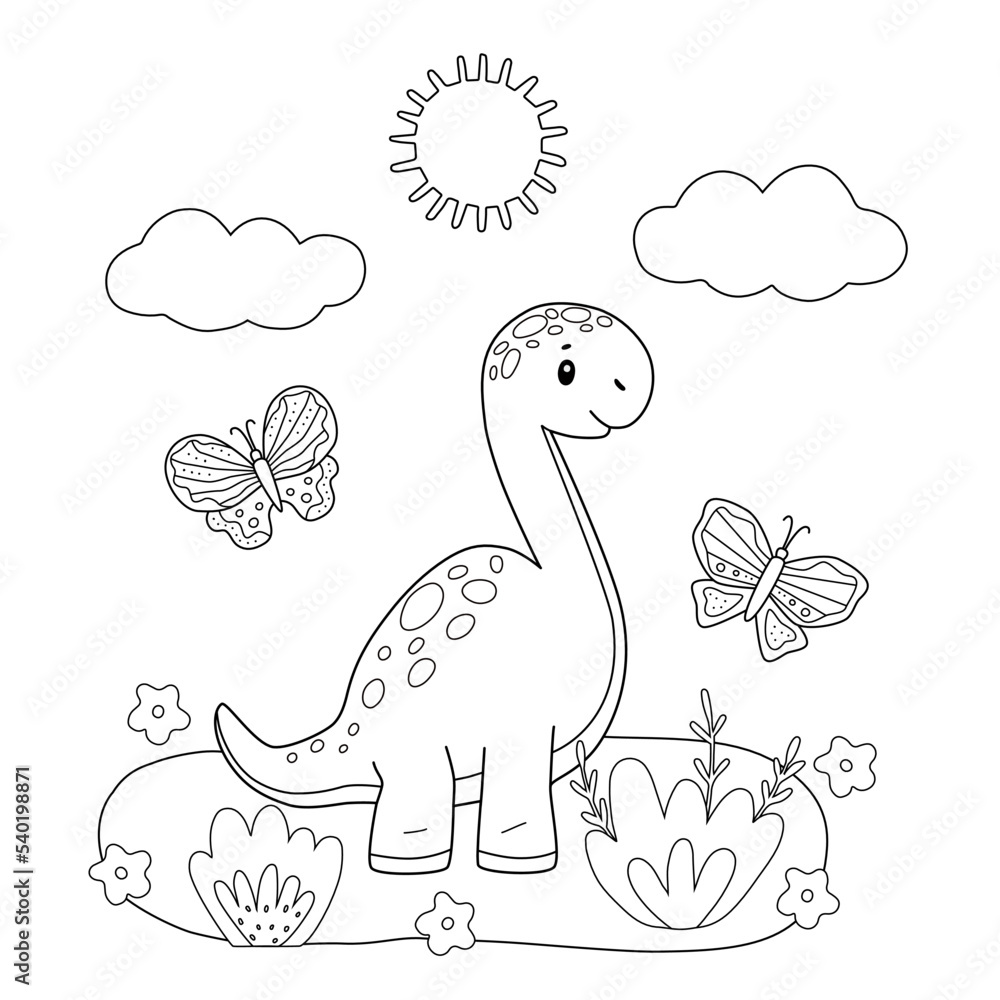 Cute dinosaur and butterfly sketch. Black outline childish animal for ...