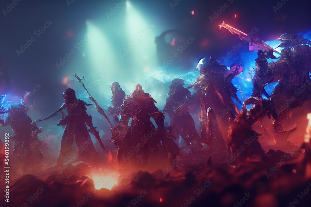 fantasy multiplayer game classes, mmorpg characters battle scene Stock ...