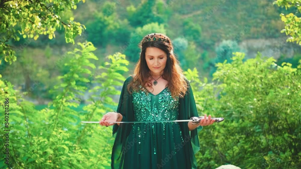 Fantasy portrait warlike red-haired woman queen holding silver sword in ...