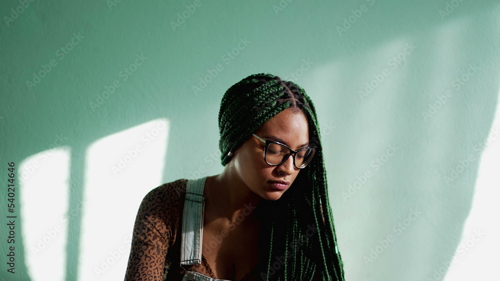 One stylish young black woman with braided hair. African American ...