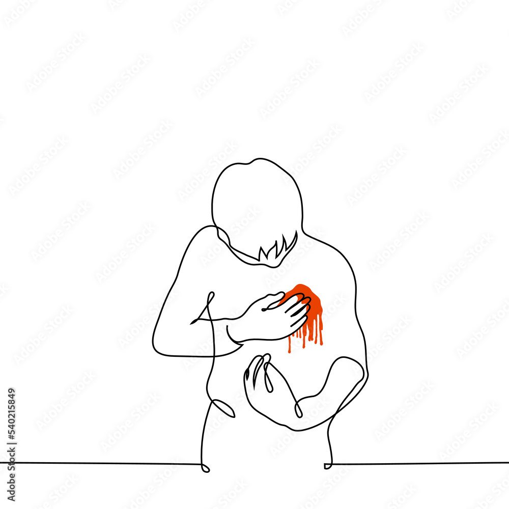 Vetor de man looks at the blood on his chest in the region of the heart ...