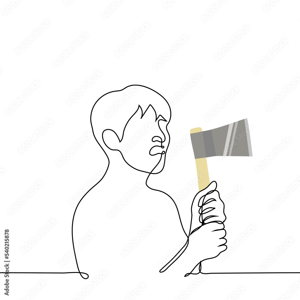 grimace man holding an ax with both hands - one line drawing vector ...