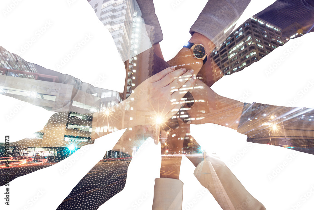Corporate hands, business and support in double exposure of the city ...