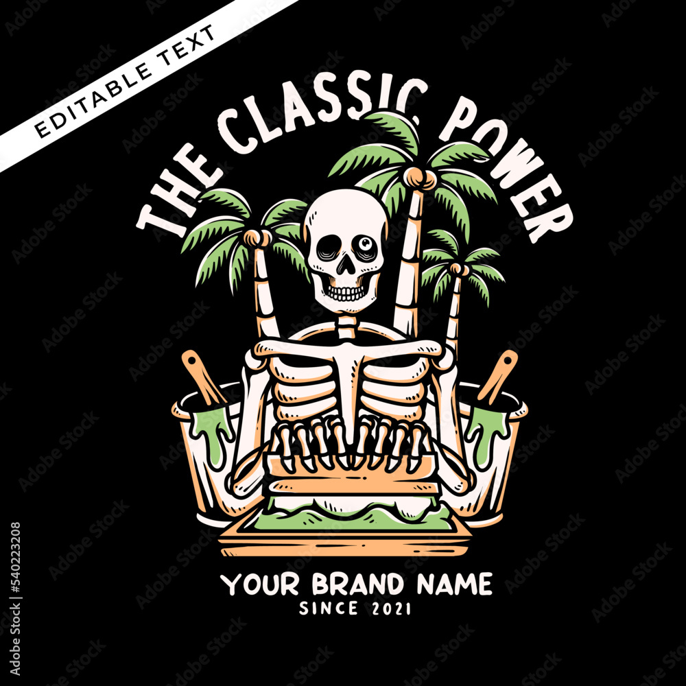 the skeleton holding screen printing with the palms tree Stock Vector ...