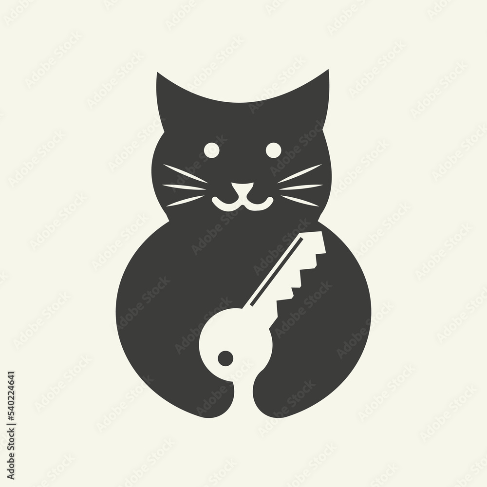 Cat Key Logo Negative Space Concept Vector Template. Cat Holding Key ...