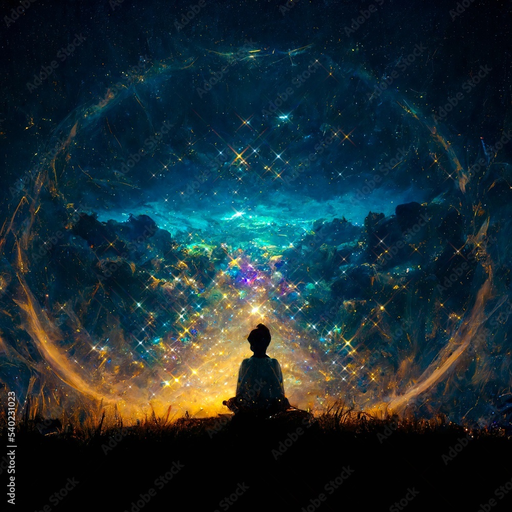 Silhouette of a Meditating woman who began her journey inside the ego ...