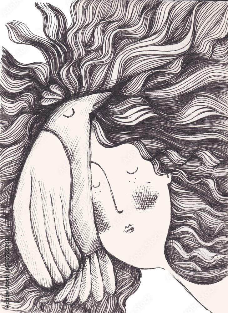 Portrait illustration of a young woman with a big bird in her arms ...