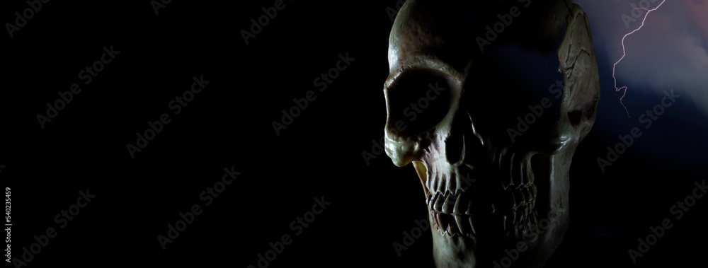 Human skull and lightning behind with copy space Stock Photo | Adobe Stock