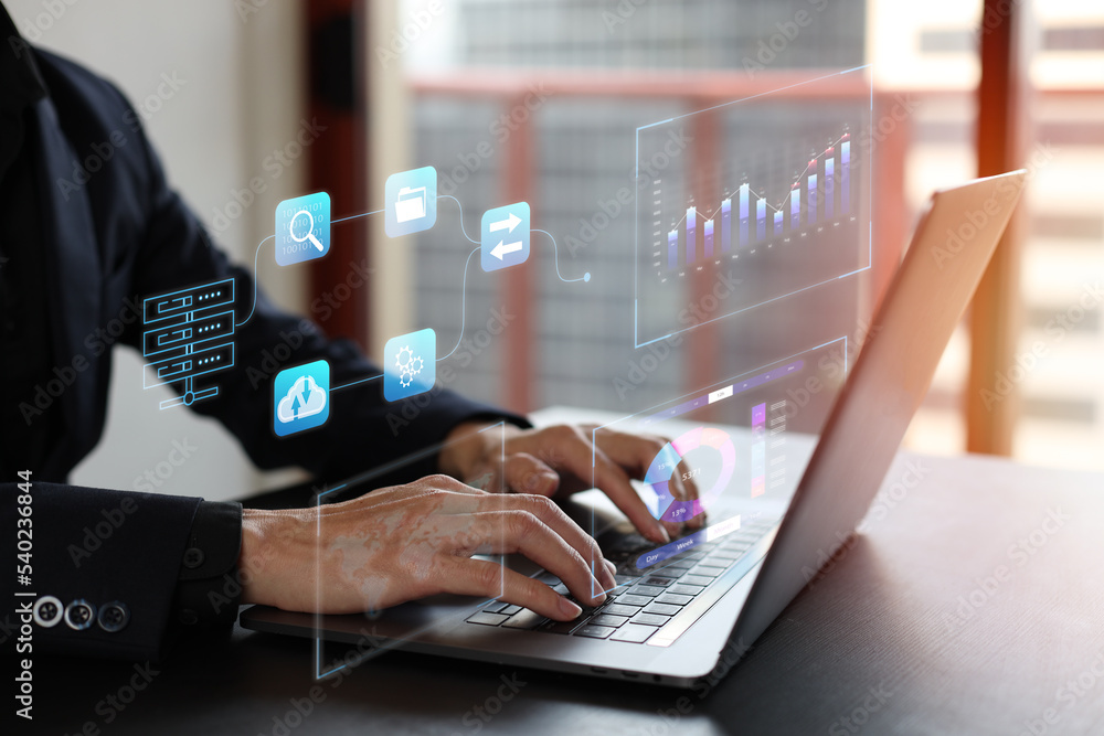 Business man Analytics and Data Management System on computer, make a ...