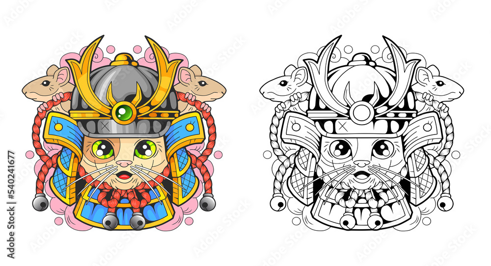 cute cartoon samurai cat, coloring book, funny illustration Stock ...
