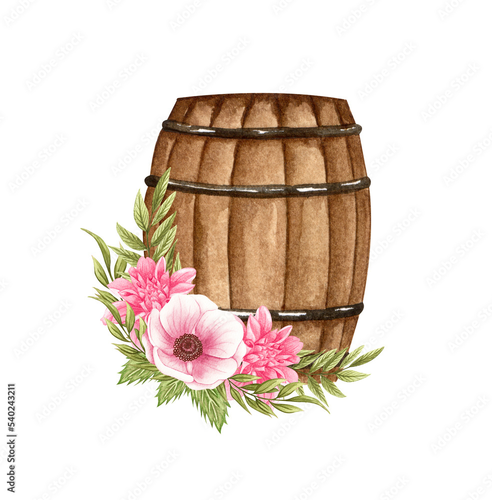 Watercolor Floral Wooden barrel . Wooden barrel and flowers. Farmhouse ...