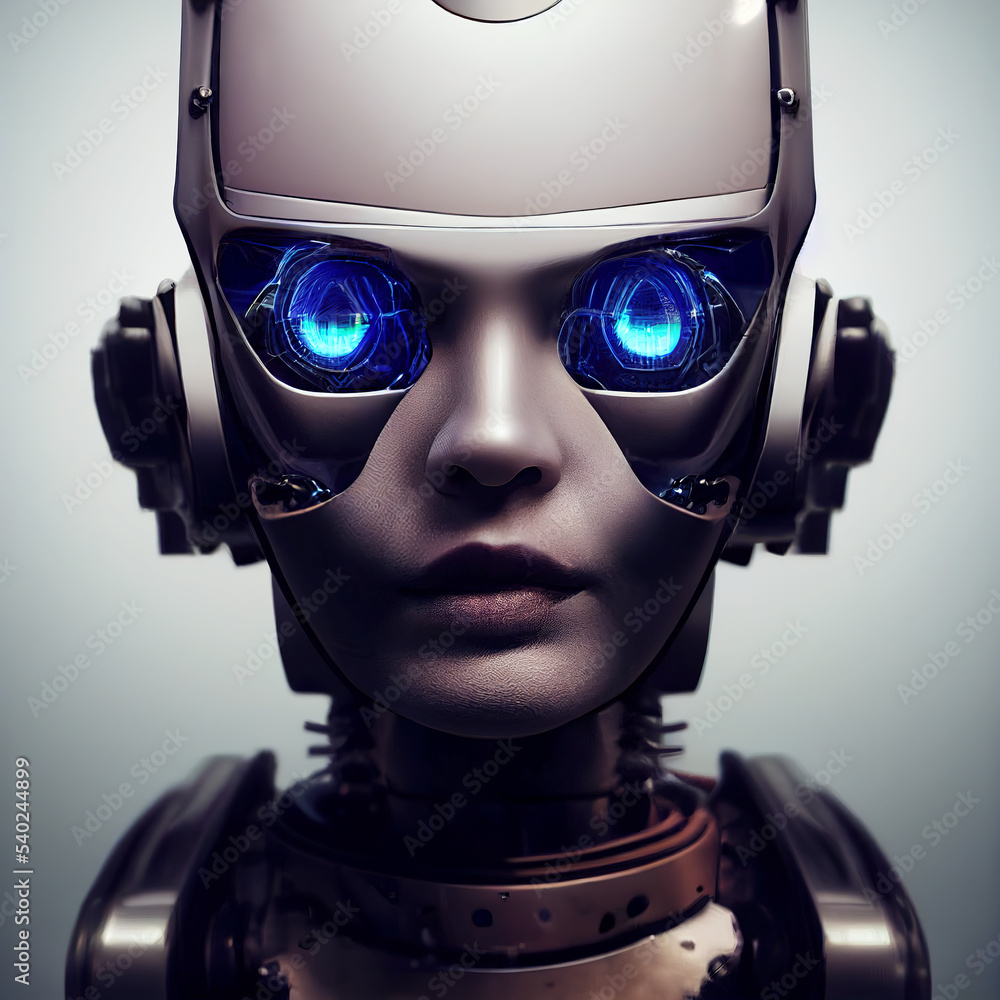 Robot face with glowing eyes. Futuristic android head. Modern robot ...