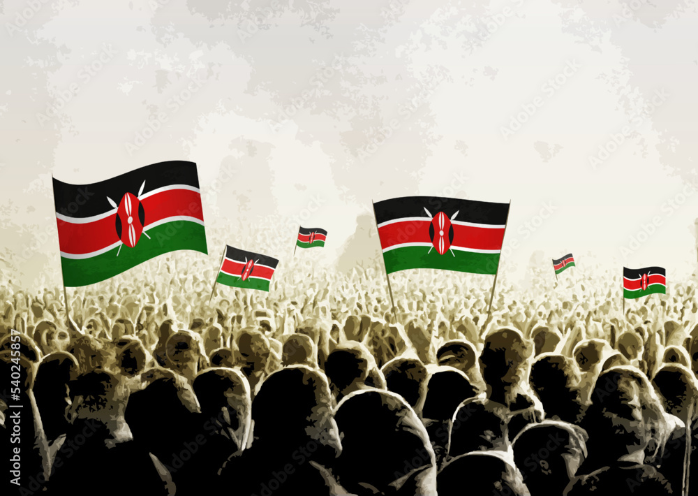 Vetor de Crowd with the flags of Kenya, people cheering national team ...