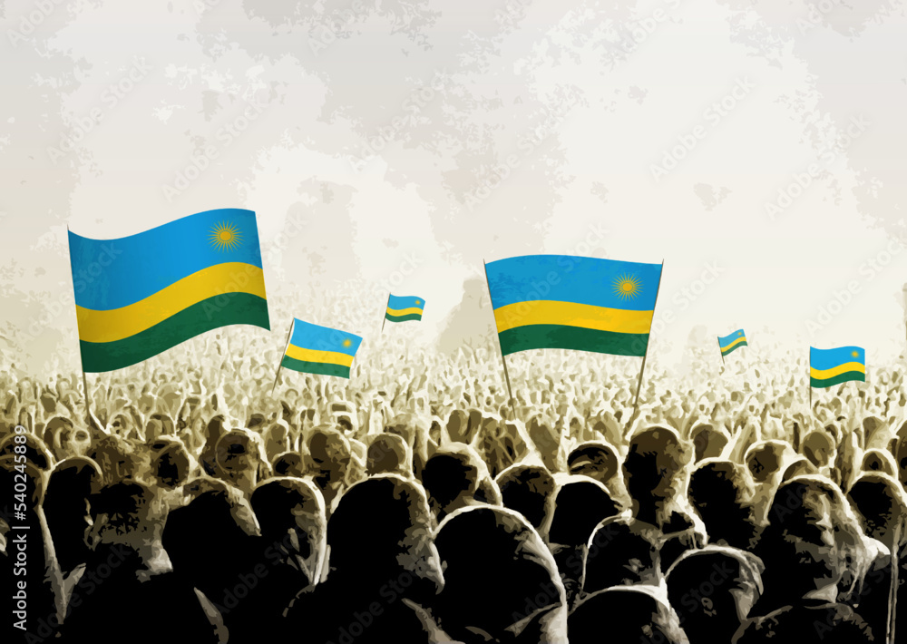 Crowd with the flags of Rwanda, people cheering national team of Rwanda ...