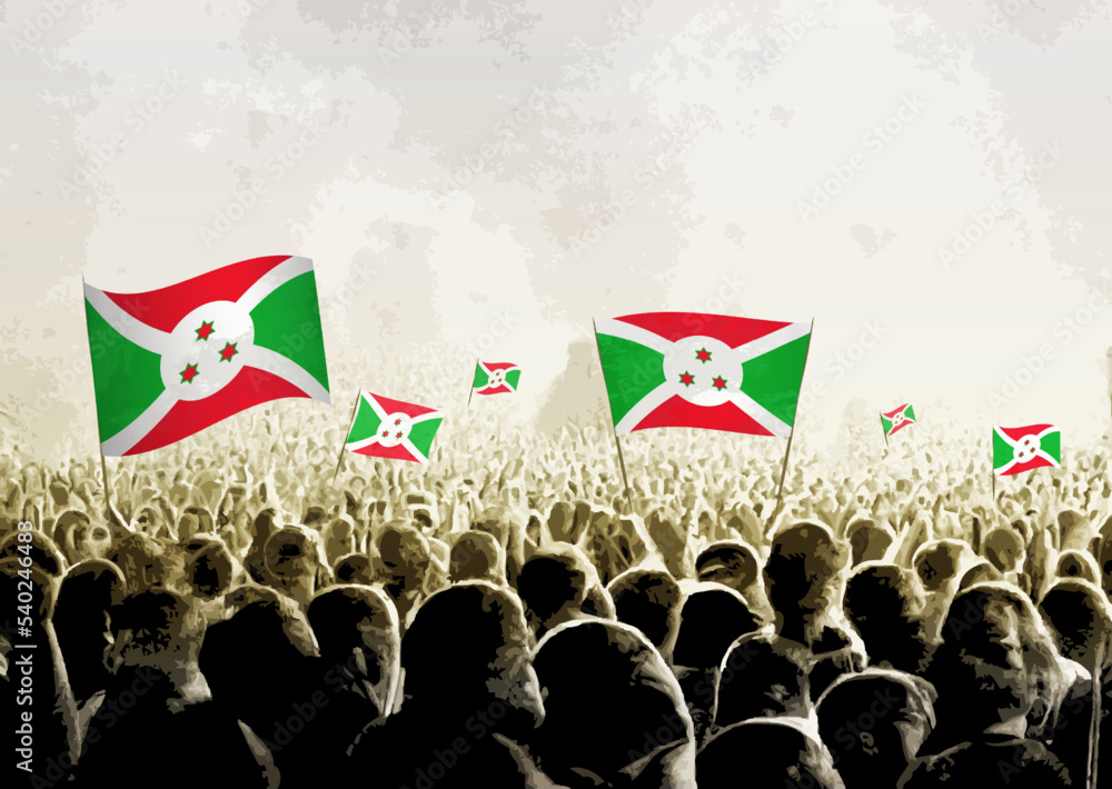 Crowd with the flags of Burundi, people cheering national team of ...