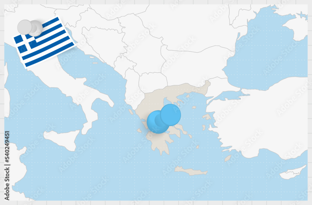 Map of Greece with a pinned blue pin. Pinned flag of Greece. Stock ...