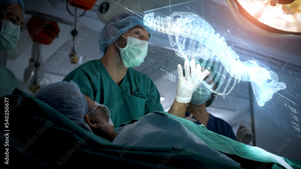 Futuristic biomedical concept of a doctor using advance holographic ...