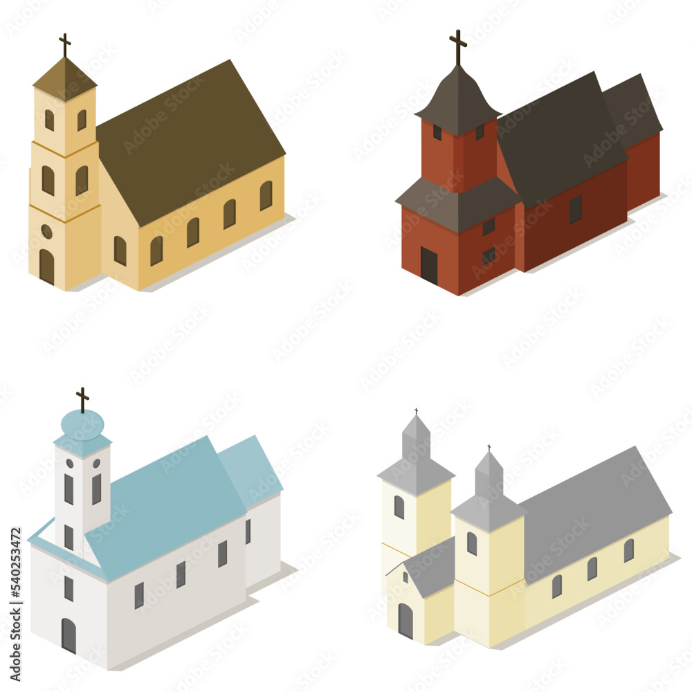 Simple churches collection, izometric elements, religion architectures ...