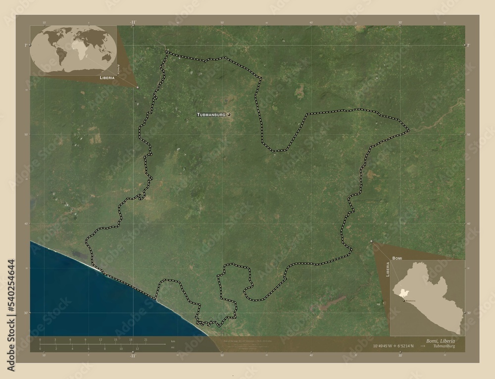Bomi, Liberia. High-res satellite. Labelled points of cities Stock ...
