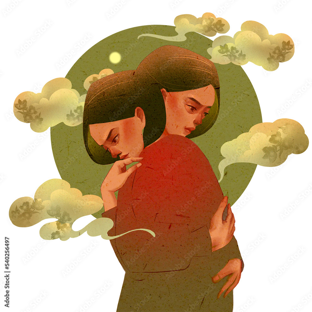 Women hugging each other, calm, think, tranquil, vintage style, Asian ...