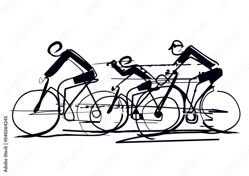 Cycling race line art stylized. Black and white Illustration of three ...