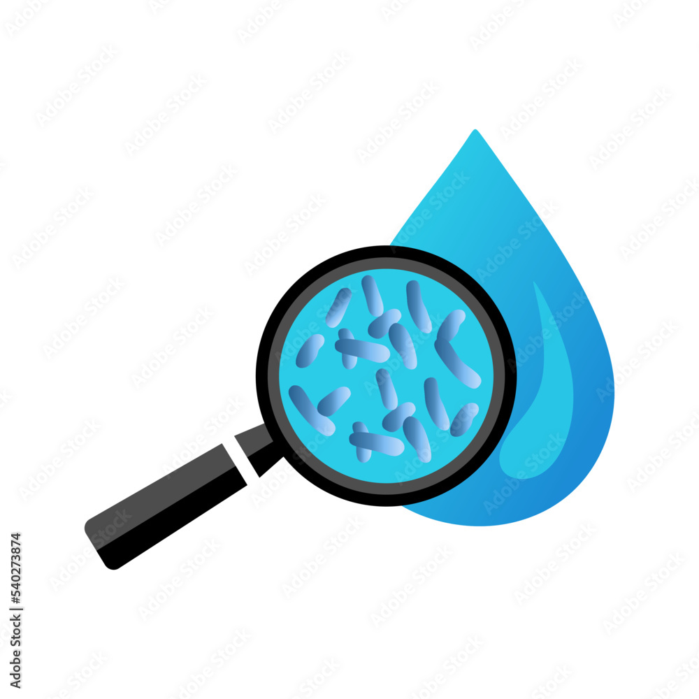 Water drop with magnifier and bacterium legionella. Symbol of ...