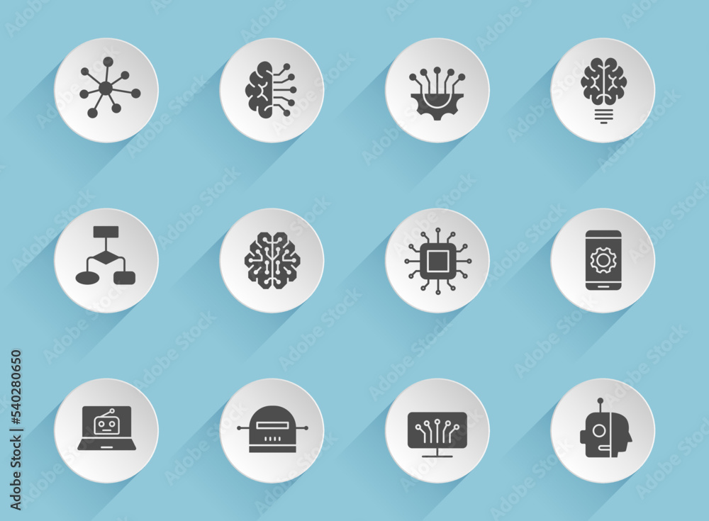 artificial intelligence vector icons on round puffy paper circles with ...