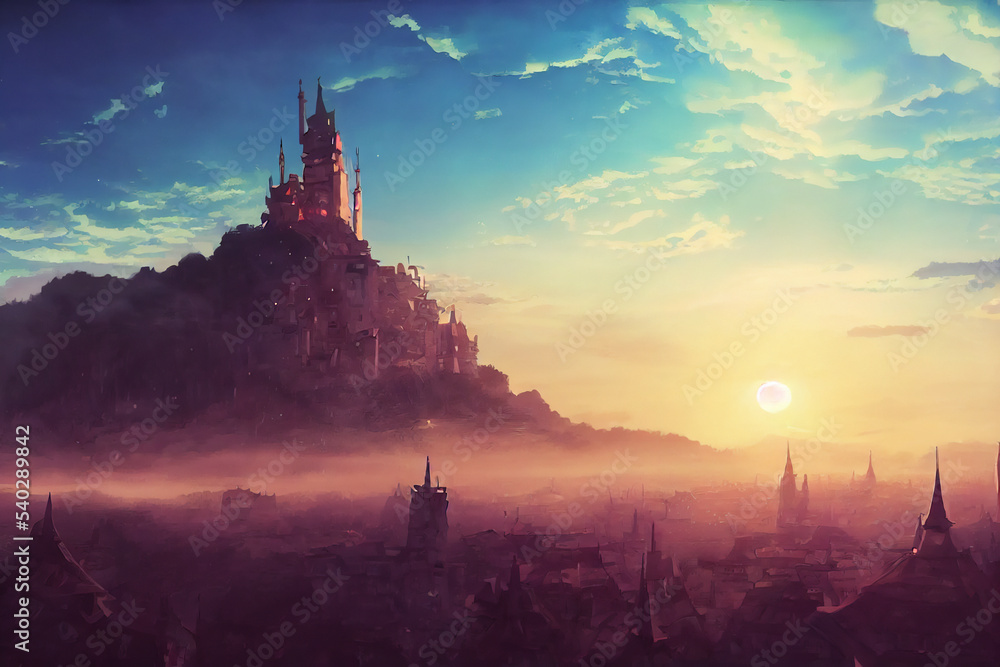 A digital illustration of a magic castle. Epic scenes with dramatic ...