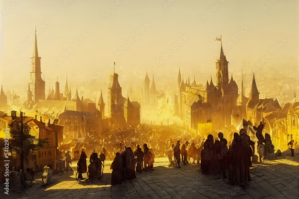 A historic, gothic, middle ages town with silhouettes of people on the ...