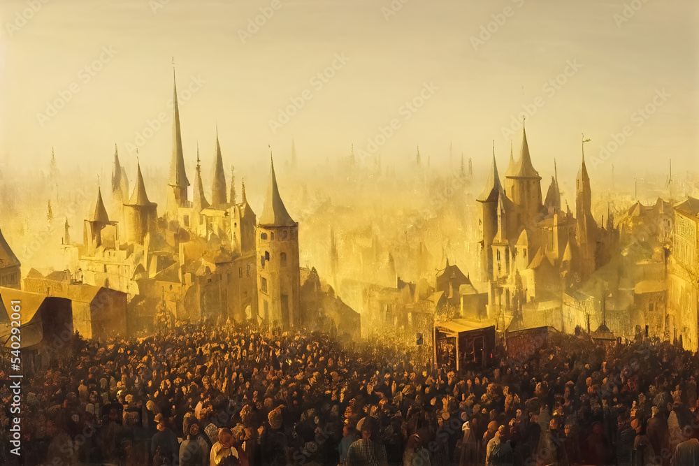 A medieval town square with cityscape landscape in the background at ...