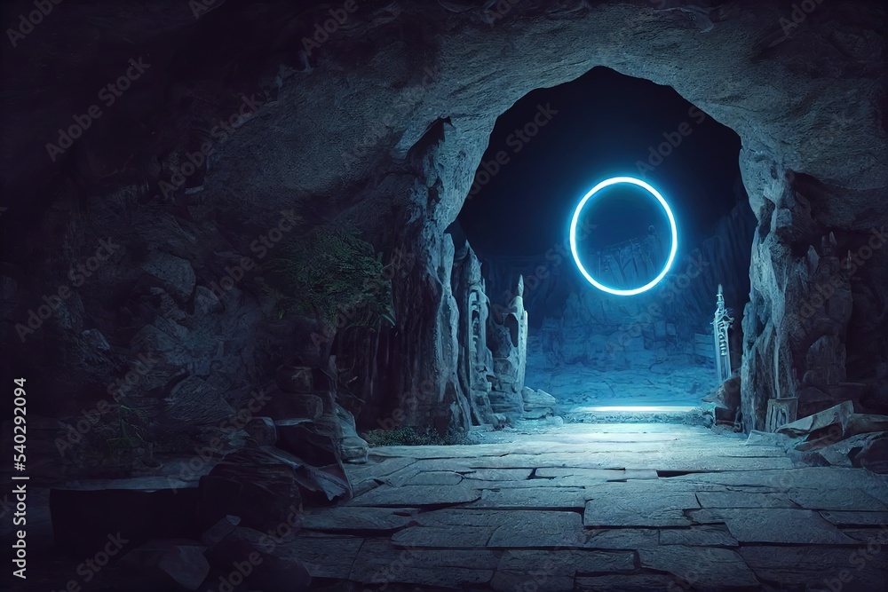 holes in the cave illuminate the blue water. Stone gray walls, the ...