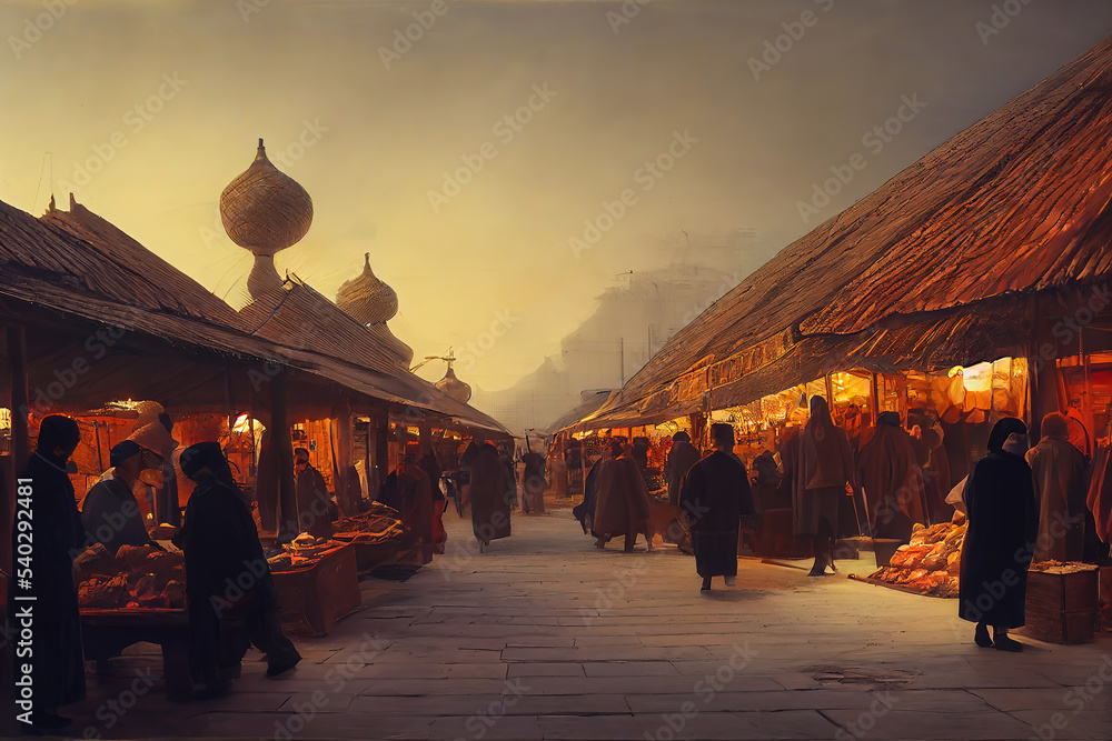 Historic silk road market in the medieval times. Middle eastern town ...